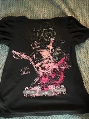 Disney | Tops | Disney Pirates Black Tee With Pink Skull Accents | Poshmark